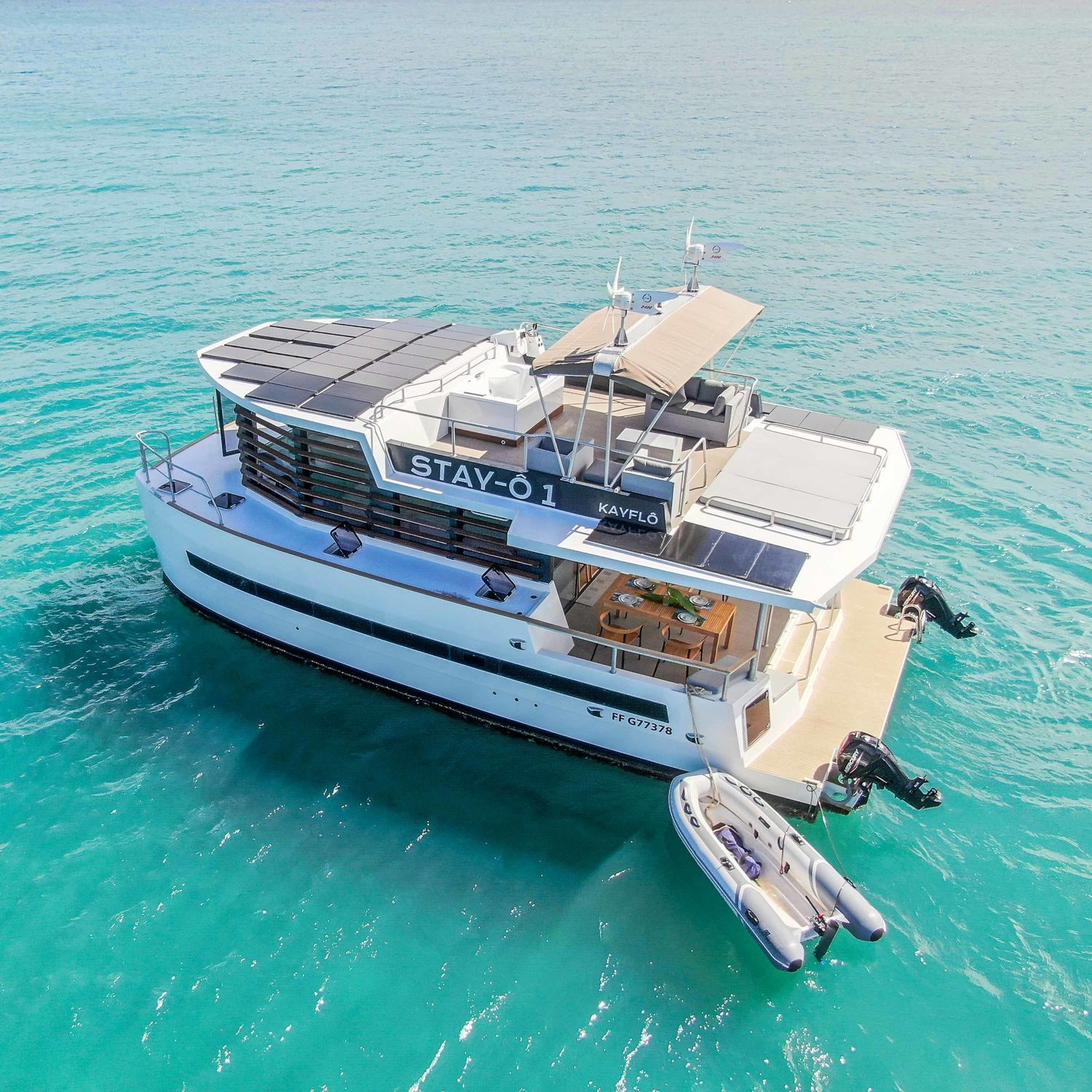 Catamaran houseboat - STAY-Ô - KAYFLO - outboard / diesel / solar powered